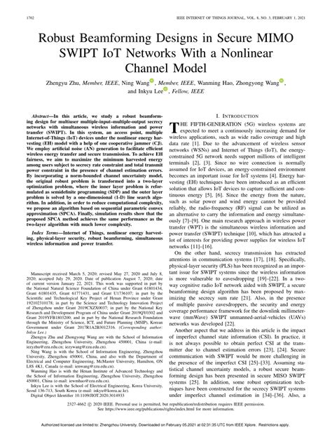 PDF Robust Beamforming Designs In Secure MIMO SWIPT IoT Networks With A Nonlinear Channel Model