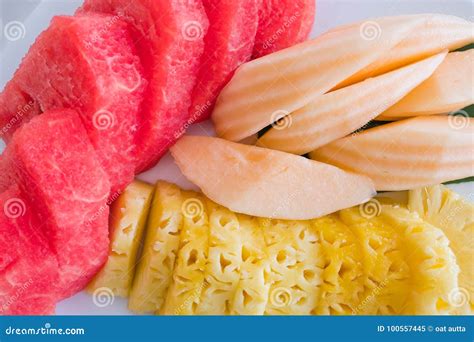 Closeup Fresh Tropical Fruits Pineapple Cantaloupe And Watermelon On