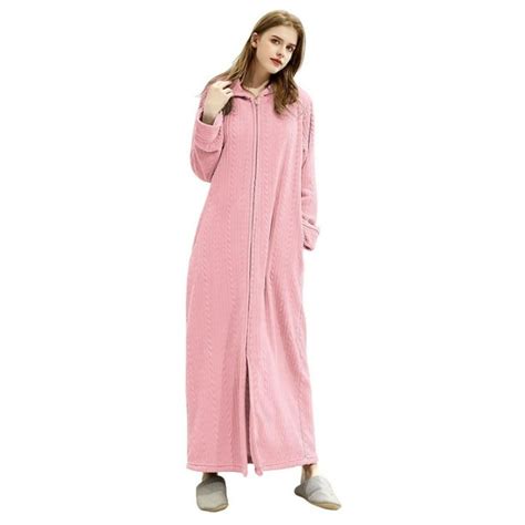 Lofir Womens Zipper Front Robe Long Plush Hooded Fleece Soft Bathrobes