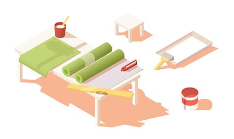 벽지 도구 세트입니다 접착제 용 페인트 브러시와 빨간색 페인트로 할 수 있습니다 녹색 벽지의 개조 장비 롤 흰색 배경에 격리된 3d 아이소메트릭 스타일의 수리 키트 아이콘