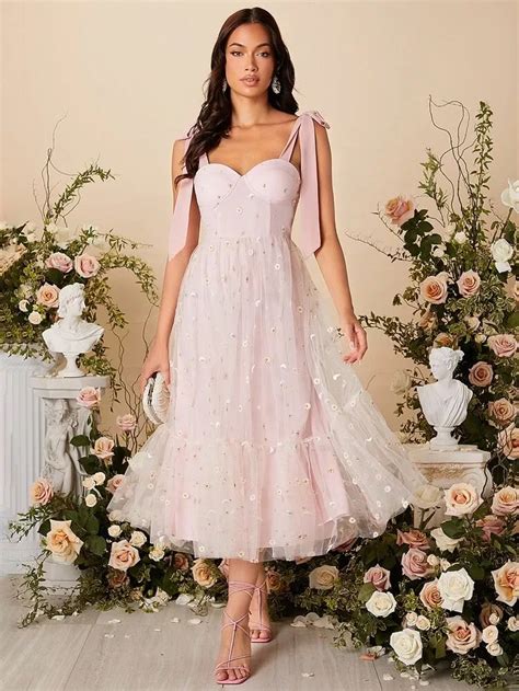 SHEIN Floral Embroidery Tie Shoulder Ruffle Hem Bustier Mesh Formal