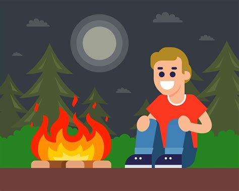 Un hombre en el bosque encendió un fuego y se calentó Vector Premium