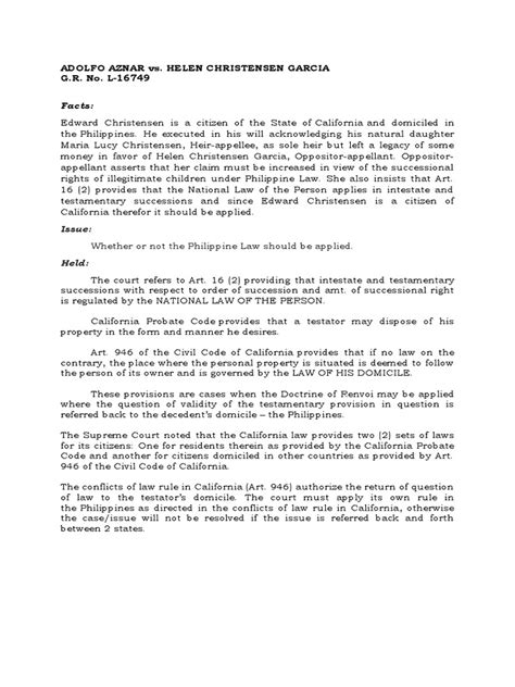 Case Digest Adolfo Aznar Vs Helen Christensen Garcia Pdf