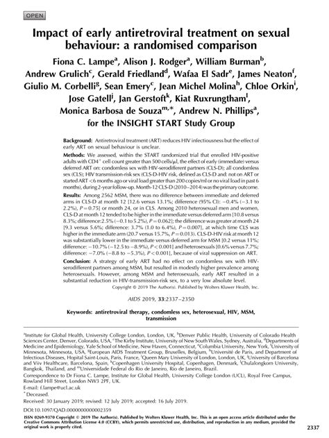 Pdf Impact Of Early Antiretroviral Treatment On Sexual Behaviour A