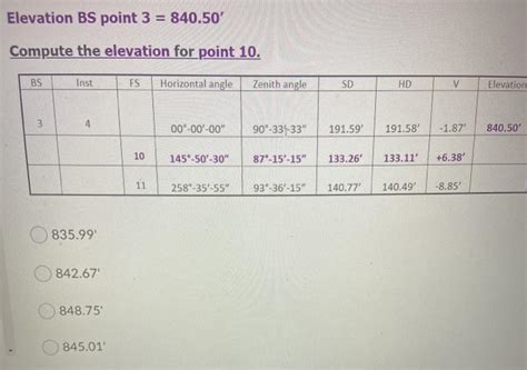solved elevation from fieldnotes given the following field