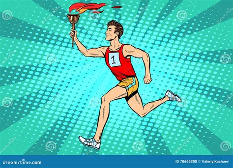 The Man Athlete Torchbearer Sports Fire Summer Games Stock Vector