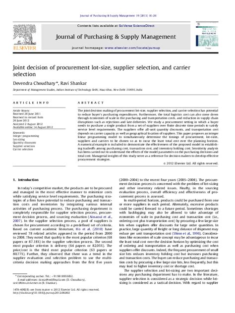 Pdf Joint Decision Of Procurement Lot Size Supplier Selection And