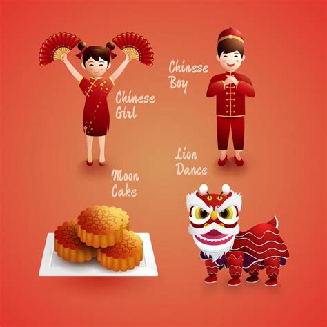 Chinese Symbols Tradition Design Illustration Set With Chinese Girl