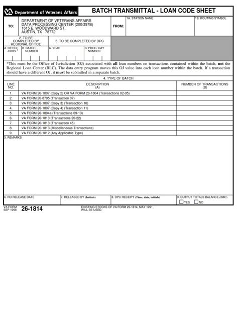 Va Form 26 1814 Batch Transmittal Loan Code Sheet Va Forms