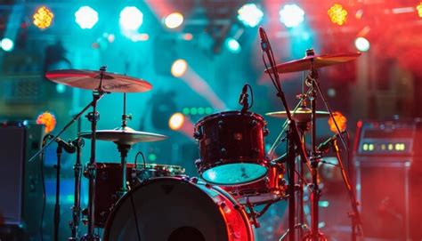 Concert Stage Drum Set Under Colorful Lights Premium Ai Generated Image