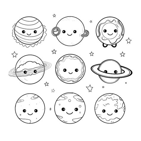 어린이와 성인을 위한 귀여운 행성 그룹 흑백 색칠 페이지 라인 아트 간단한 만화 스타일 행복하고 귀엽고 재미있습니다 프리미엄 벡터