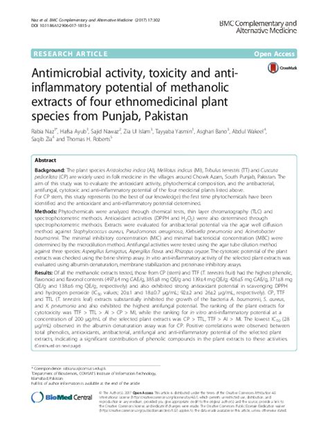 Pdf Antimicrobial Activity Toxicity And Anti Inflammatory Potential Of Methanolic Extracts