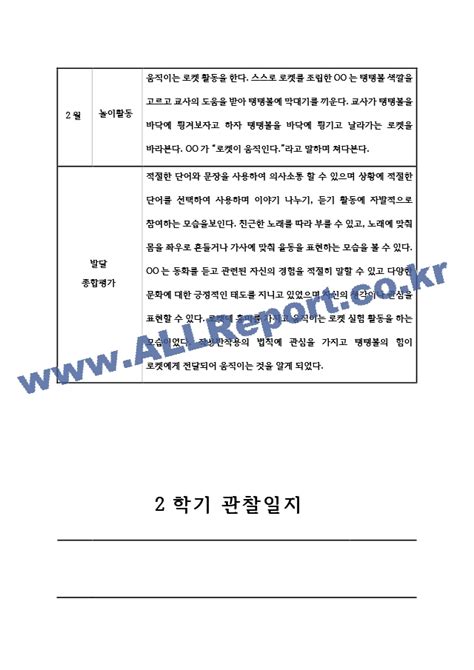 만4세 6세 2학기 관찰일지 관찰내용발달종합평가 레폿 Ul Academy Solution