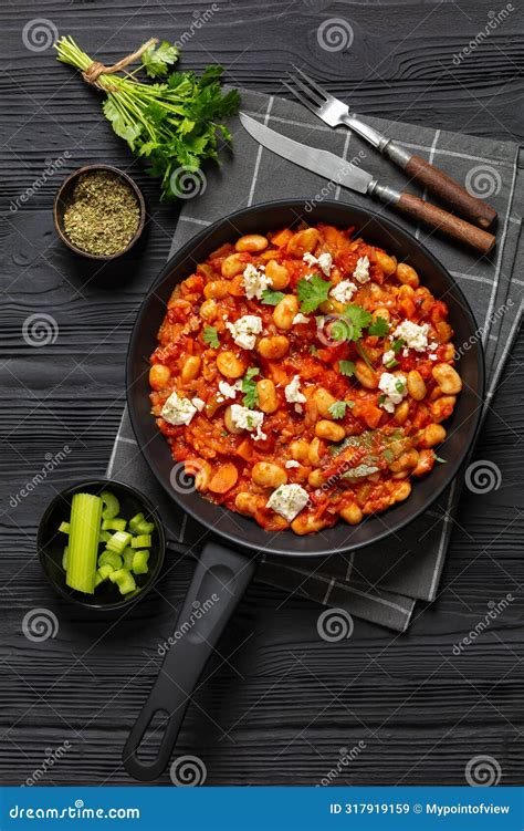 Greek Giant Baked Beans With Feta On Pan Stock Image Image Of Closeup