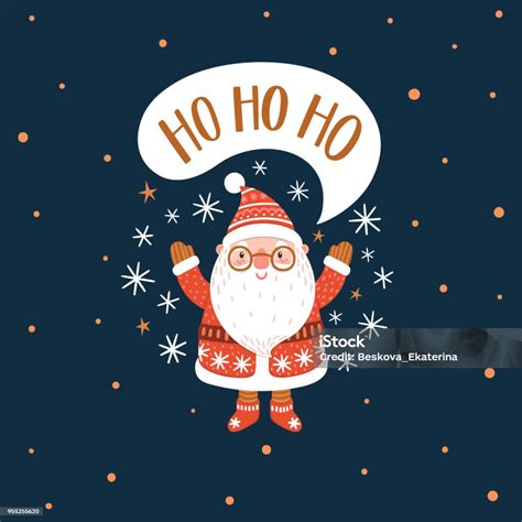 귀여운 웃는 Sants 클로스 연설 거품 손으로 쓴 텍스트 호 호 호와 크리스마스 배경 벡터 겨울 Illustartion 만화 캐릭터와 함께입니다 크리스마스에 대한 스톡