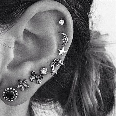 8 Pcsset Rock Punk Style Silver Stud Earrings Moon Stars Bowknot
