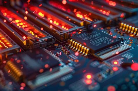 Electronic Circuit Board Showing Data Processing With Red Lights Premium Ai Generated Image