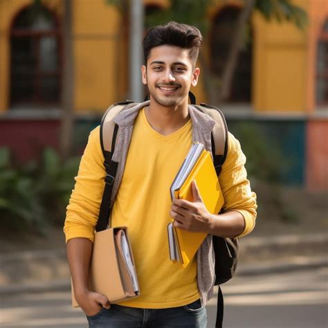Young Indian College Boy Holding Backpack And Books And Giving Happy