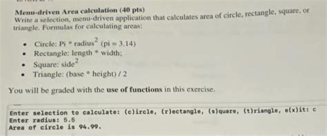 Solved Menu Driven Area Calculation 40pts Write A