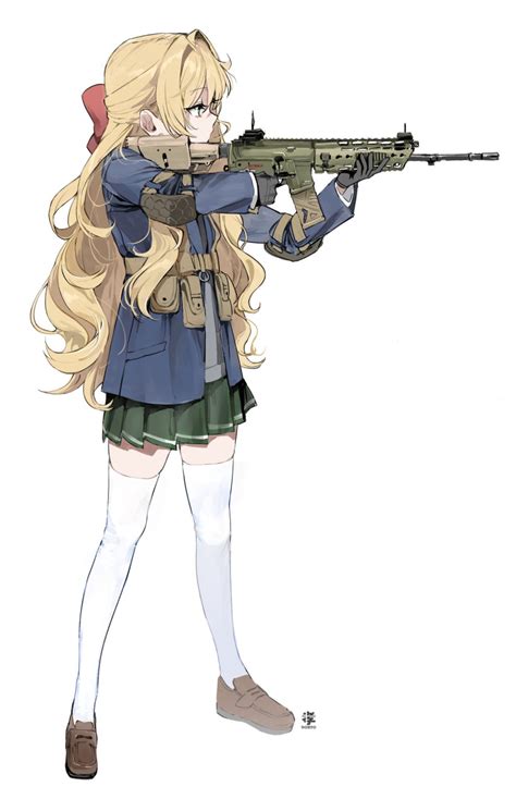 Safebooru 1girl Aiming Assault Rifle Blonde Hair Blue Eyes Blue