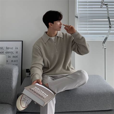 Jual Pria Setengah Ritsleting Polo Kerah Sweater Pria Jepang Nyaman Retro Tinggi Kelas Longgar