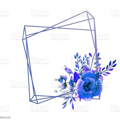 기하학적 프레임은 흰색 고립 된 배경에 파란색 장미 꽃으로 프레임됩니다 꽃 포스터 초대장 인사말 카드 또는 초대장의 장식 수채화
