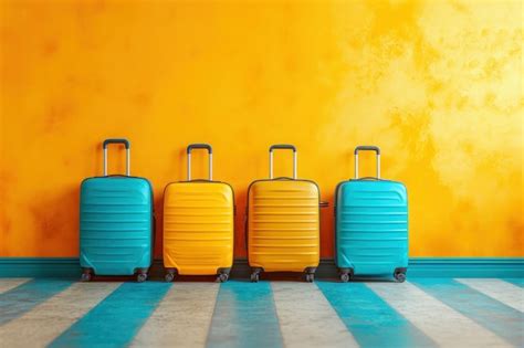 Premium Photo A Row Of Four Suitcases Lined Up Against A Wall Ai