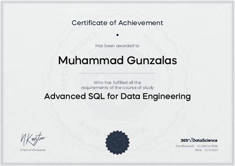 Certificate Of Achievement Advanced Sql For Data Engineering 365