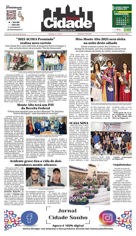 Edição Nº 1487 De 16 De Junho De 2023 Jornal Cidade Sonho Monte Alto