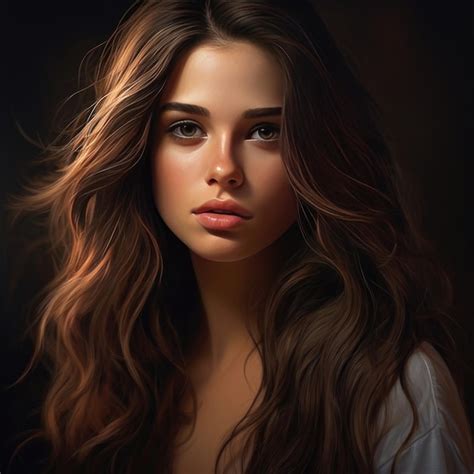 An Young Woman With Long Brown Blowing Hair On Black Background