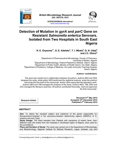 Pdf Detection Of Mutations In Gyra Gene That Codes For Point Mutation In Fluoroquinolone