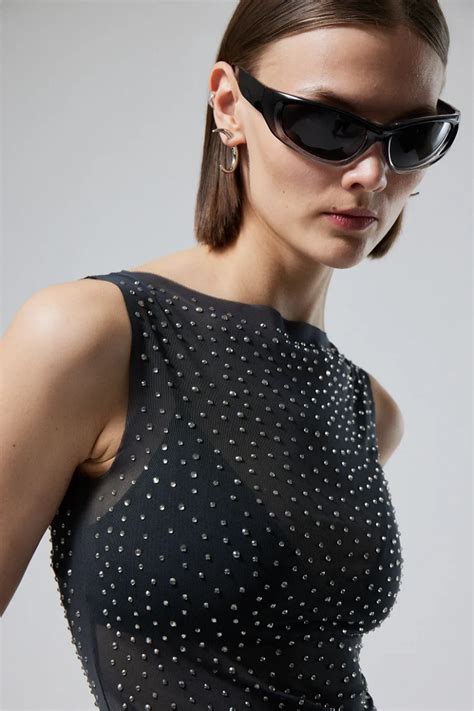 Weekday Annie Rhinestone Mesh Top In Dark Grey Endource