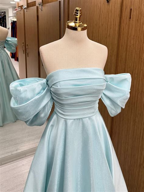 A Line Off Shoulder Satin Blue Long Prom Dress Blue Long Formal Dress