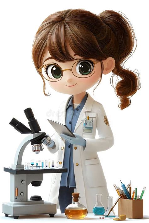 Microbiologist Scientist Girl Cartoon In White Coat With Microscope On