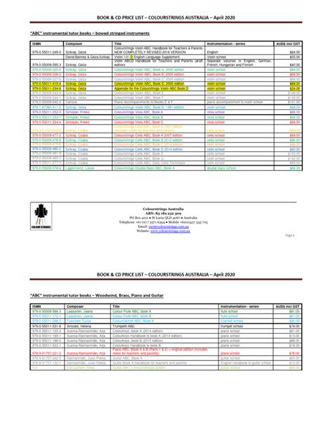 Colourstrings Book Price List April 2020 Pdf Concerto Cello