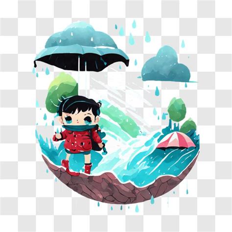 Descarga Personaje De Dibujos Animados Bajo La Lluvia Con Paraguas PNG
