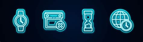 라인 손목 시계 달력 날짜 삭제 오래된 모래 시계 및 세계 시간을 설정합니다 빛나는 네온 아이콘입니다 벡터 2 위 상 종류에 대한 스톡 벡터 아트 및 기타 이미지 Istock