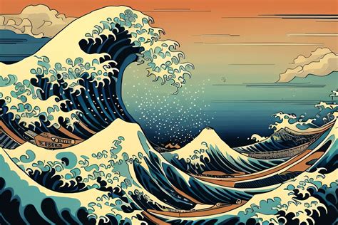 하늘을 배경으로 파도 그림을 클로즈업 호쿠사이의 대파도 A Grande Onda de Kanagawa inspirado em Katsuchika Hokusai