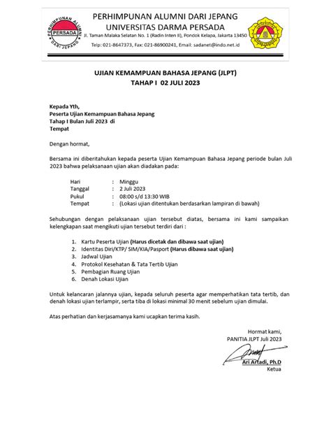 Jlpt 23a Surat Informasi Pelaksanaan Jlpt 2023 Juli Kota Jakarta