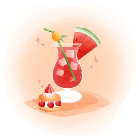 Acuarela de jugo de sandía con fruta de sandía y macarrón de fresa Vector Premium