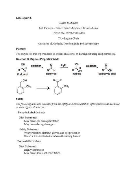 Lab Report 6 Organic Chemistry Lab Report 6 Caylee Mortensen Lab