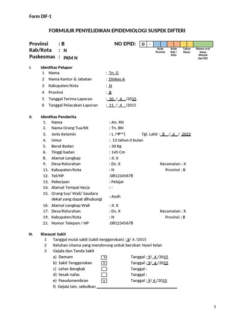 Form Dif 1 Formulir Penyelidikan Epidemiologi Difteri Pdf