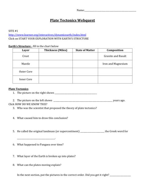 Plate Tectonics Webquest Earth Structure And Plate Boundaries