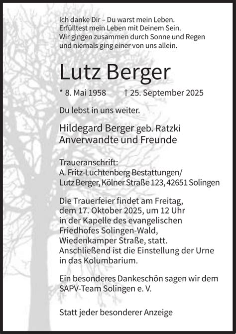 Lutz Berger Traueranzeige Solinger Tageblatt Trauer