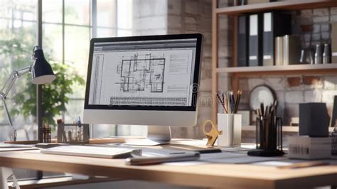 Modern Engineering Desk With Design Plans Tools And Ample Copy Space