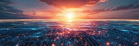 Premium Photo Sunset Over Digital Landscape With Circuit Patterns
