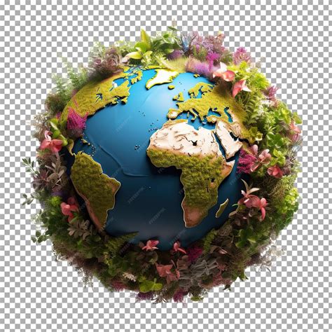 白で隔離される世界地図の葉と植物の 3 D ツリーまたは森林形状を持つ緑の世界の惑星 プレミアムpsdファイル