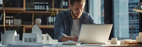 Architects Typing On A Laptop Keyboard With Architectural Software And A Digital Blueprint