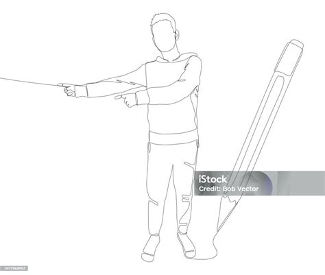 연필로 그린 남자의 연속 선 펠트 팁 펜 얇은 선 그림 벡터 개념입니다 윤곽 그리기 창의적인 아이디어 가리키기에 대한 스톡 벡터