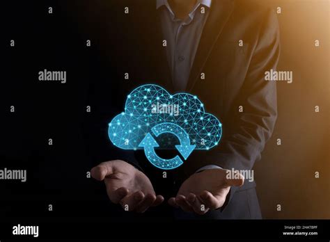 Cloud Technology Polygonal Wireframe Cloud Storage Sign With Two Arrows Up And Down On Dark